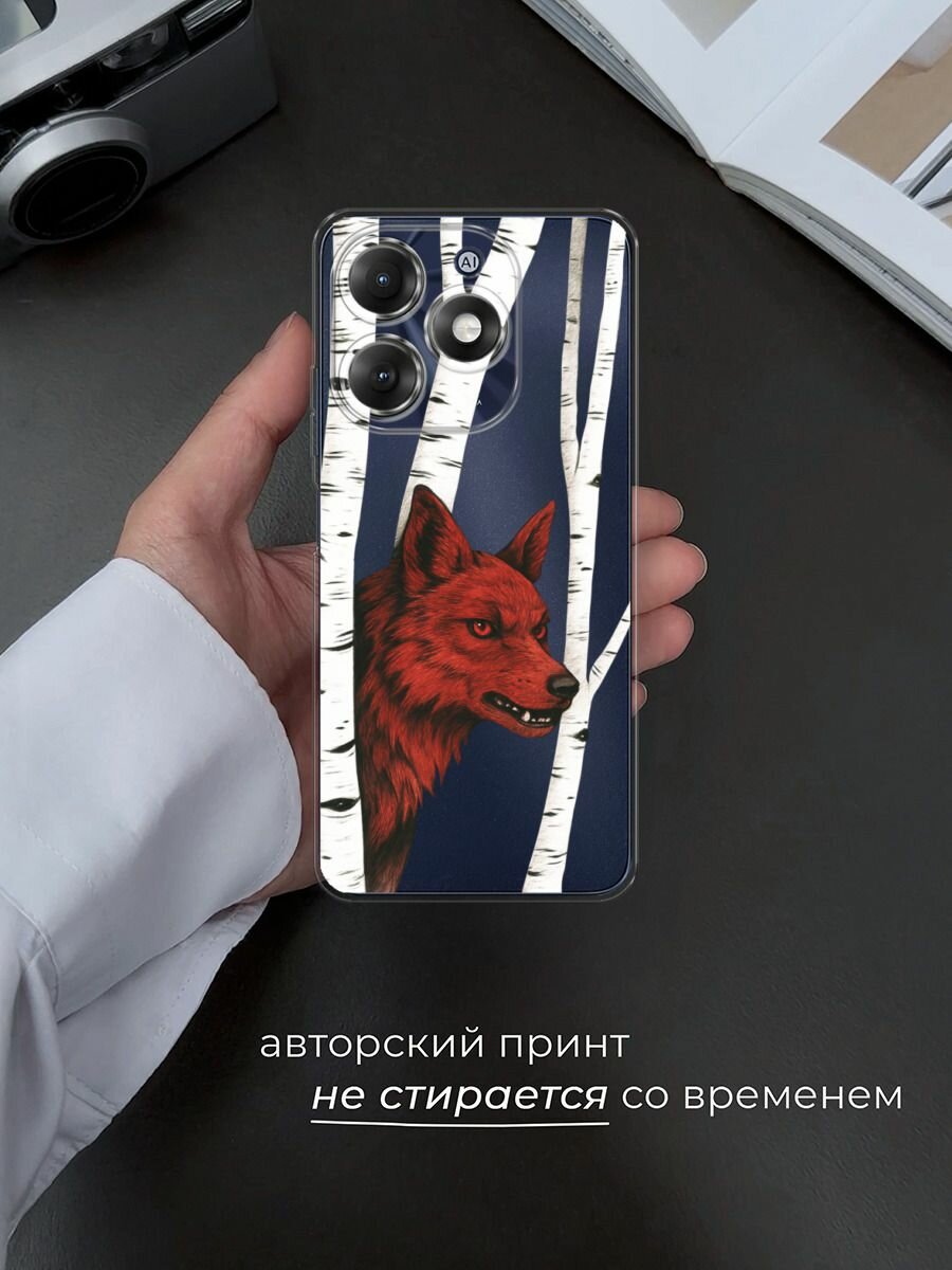 Чехол на Itel A70 / Ител А70 с принтом Красный волк, прозрачный — фото 1