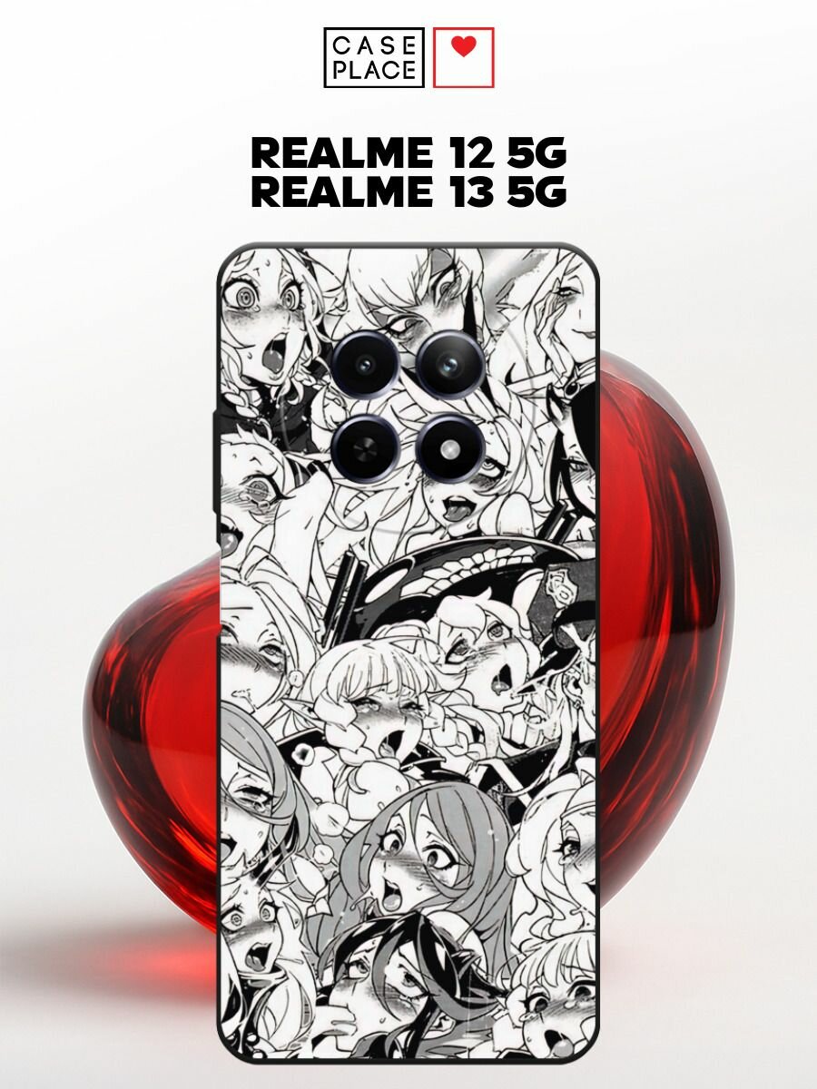 Черный матовый чехол на Realme 12 5G/13 5G / Реалми 12 5G/13 5G с принтом Ахегао манга тян