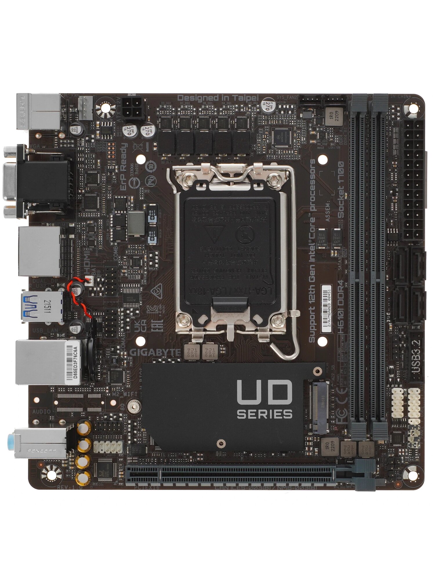 Материнская плата mini-ITX GIGABYTE H610I DDR4 (LGA1700, H610, 2*DDR4(3200), 4*SATA 6G, M.2, PCIE, 7.1CH, Glan)