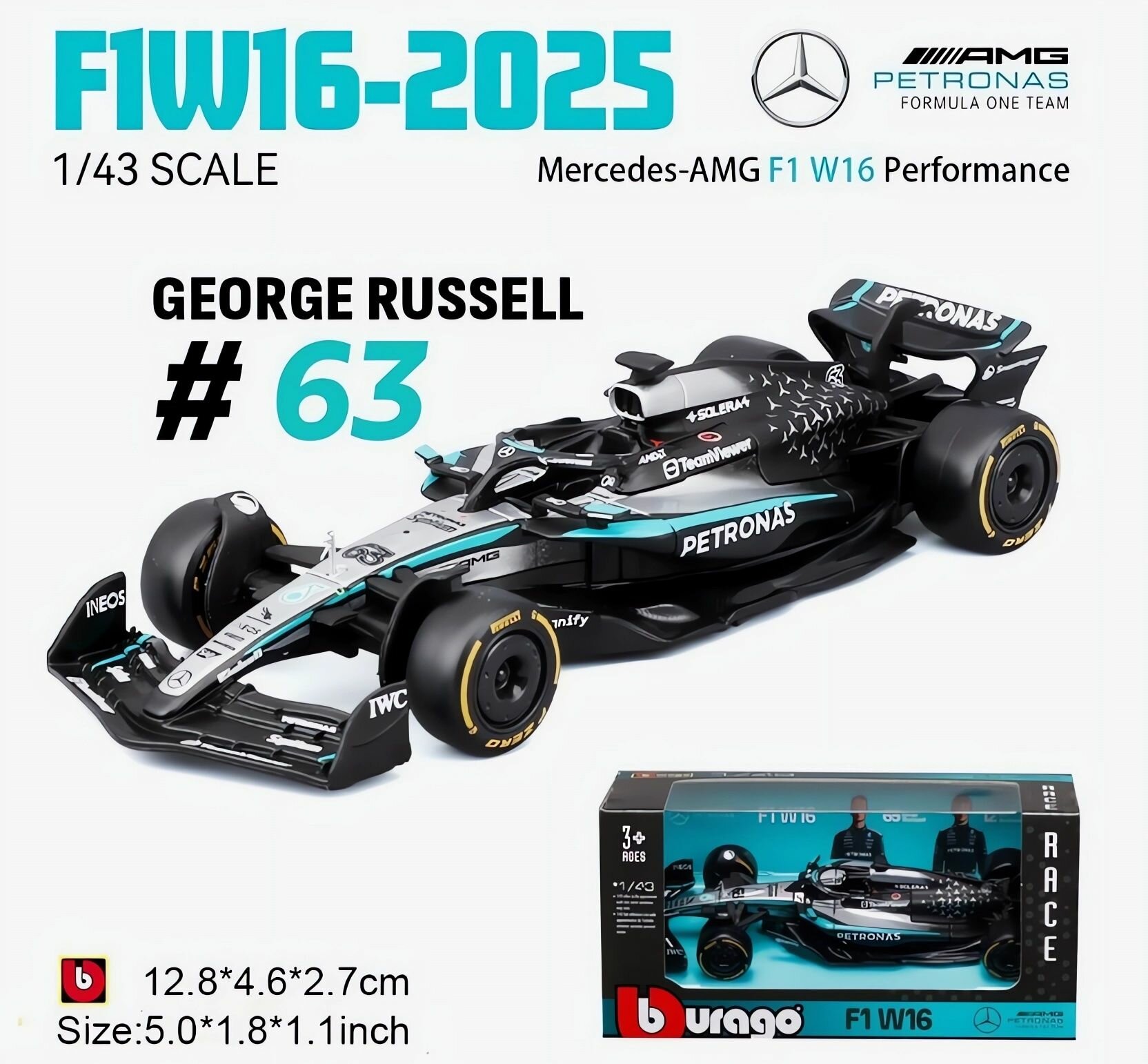 Металлическая коллекционная модель болида Формулы-1. "Bburago". "Мерседес" Джордж Расселл (George Russell "Mercedes" W16 №63) Сезон 2025. Масштаб 1:43