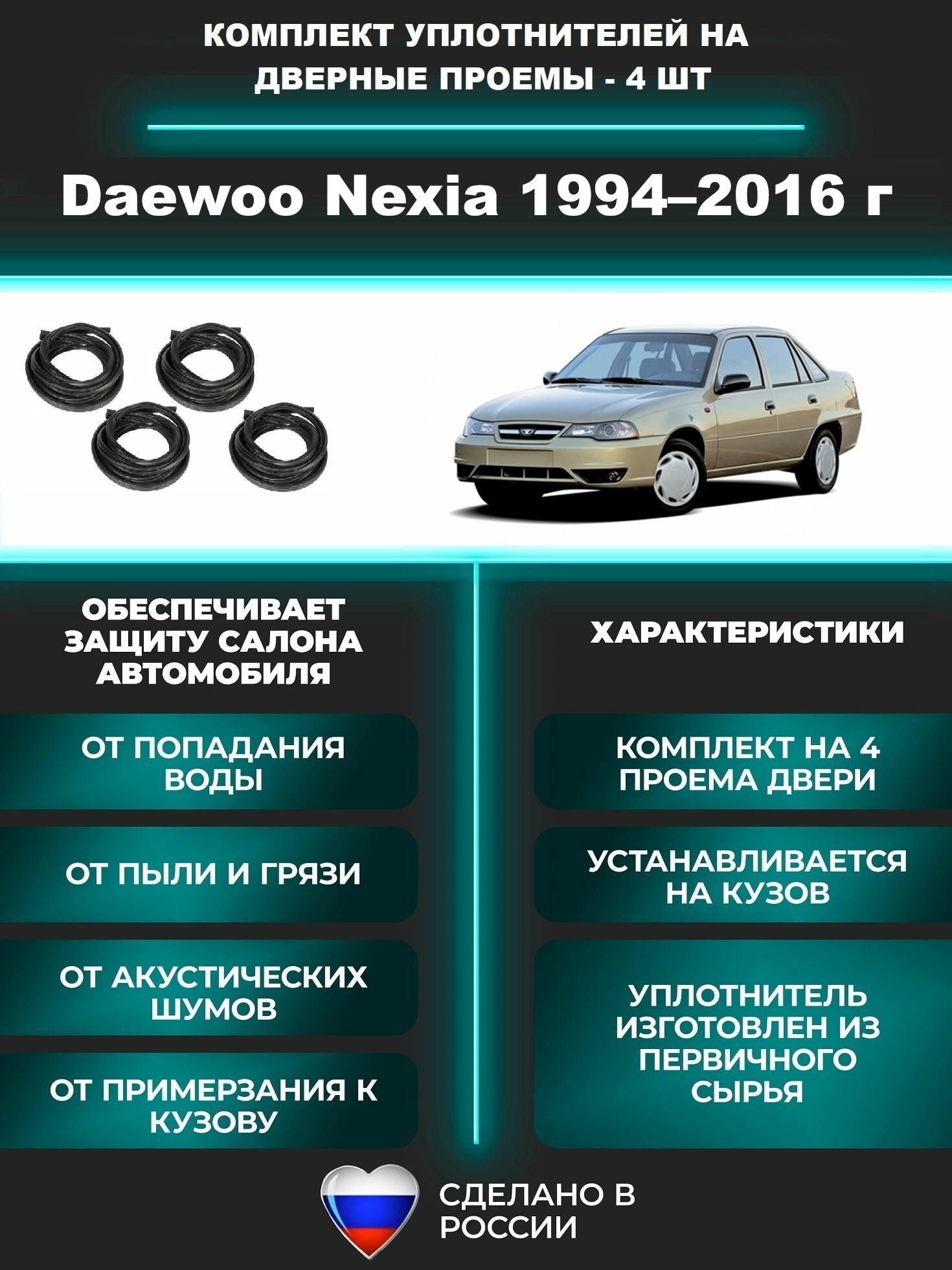 Комплект уплотнителей на проем дверей для Daewoo Nexia 1994-2016 г, Дэу Нексия (на 4 проема - 2 передние и 2 задние)