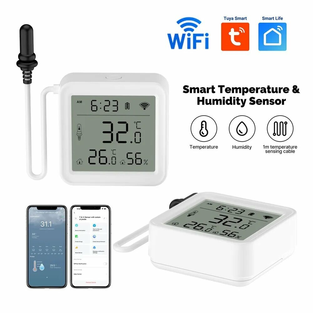 Tuya WiFi Умный датчик температуры и влажности с внешним зондом и дисплеем
