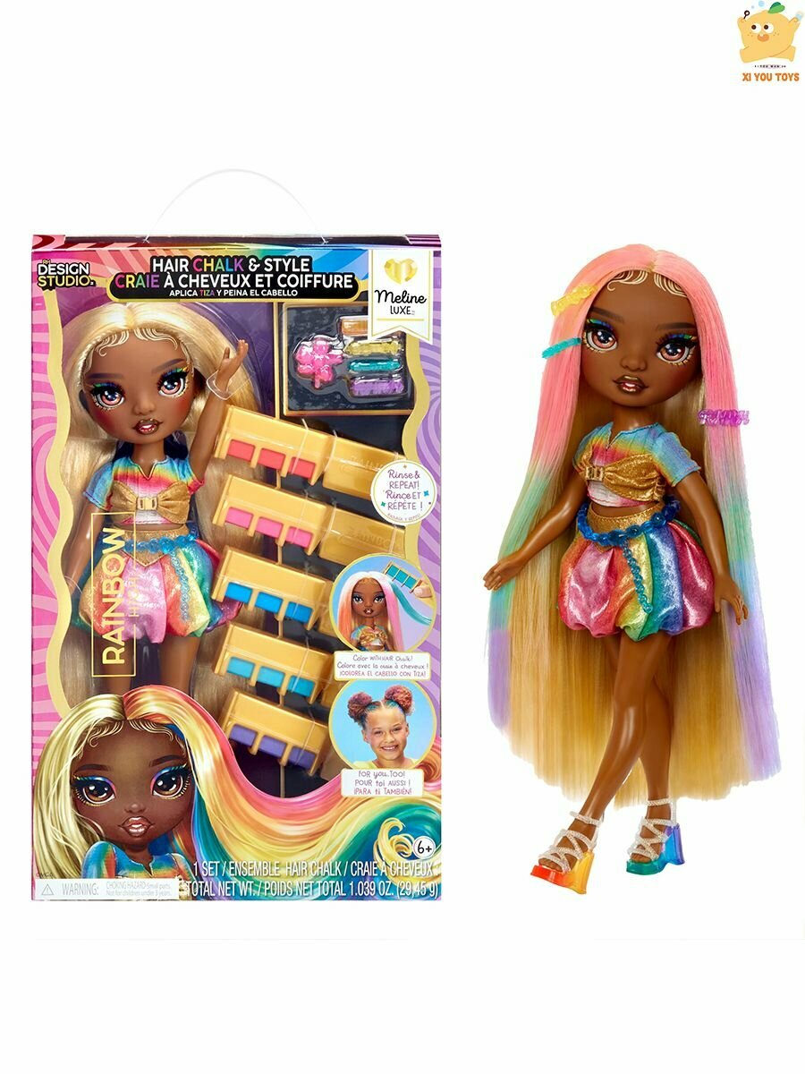 Rainbow High Hair Chalk & Style Meline / Игрушки Радужные школьные игрушки, Сочлененный Мелина, подходят для детей в возрасте от 6 лет и старше.