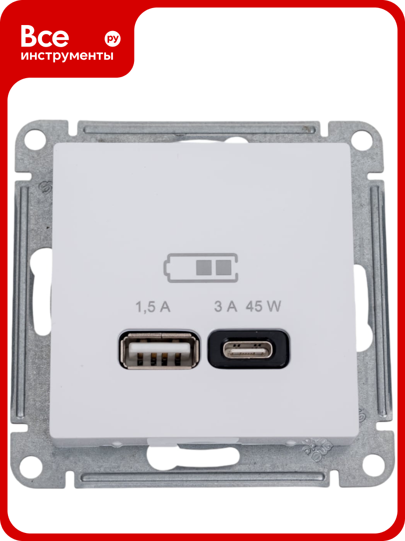 Розетка USB Systeme Electric ATLASDESIGN A + тип-C 45W высокоскор. заряд. QC, PD, механизм, белый