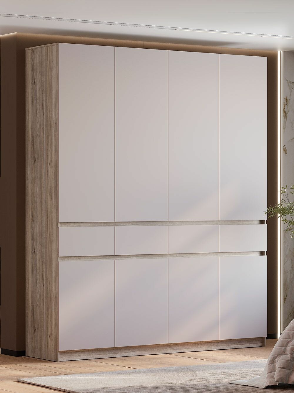 Распашной шкаф для одежды и хранения вещей Багира Макси с полками, с ящиками, со штангой для одежды, 200.2х51х238.4 см, Дуб Смоки / Кашемир