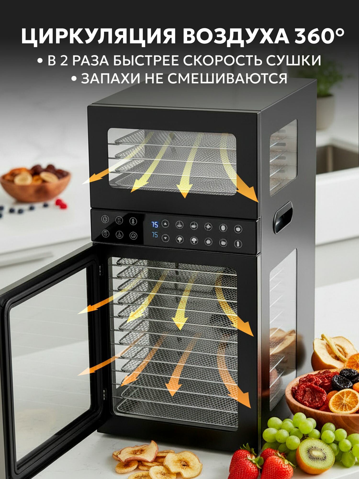 Дегидратор для мяса и рыбы TAKARA DF-20, 2 независимых отсека, Сушилка для овощей и фруктов, 37 л — фото 1