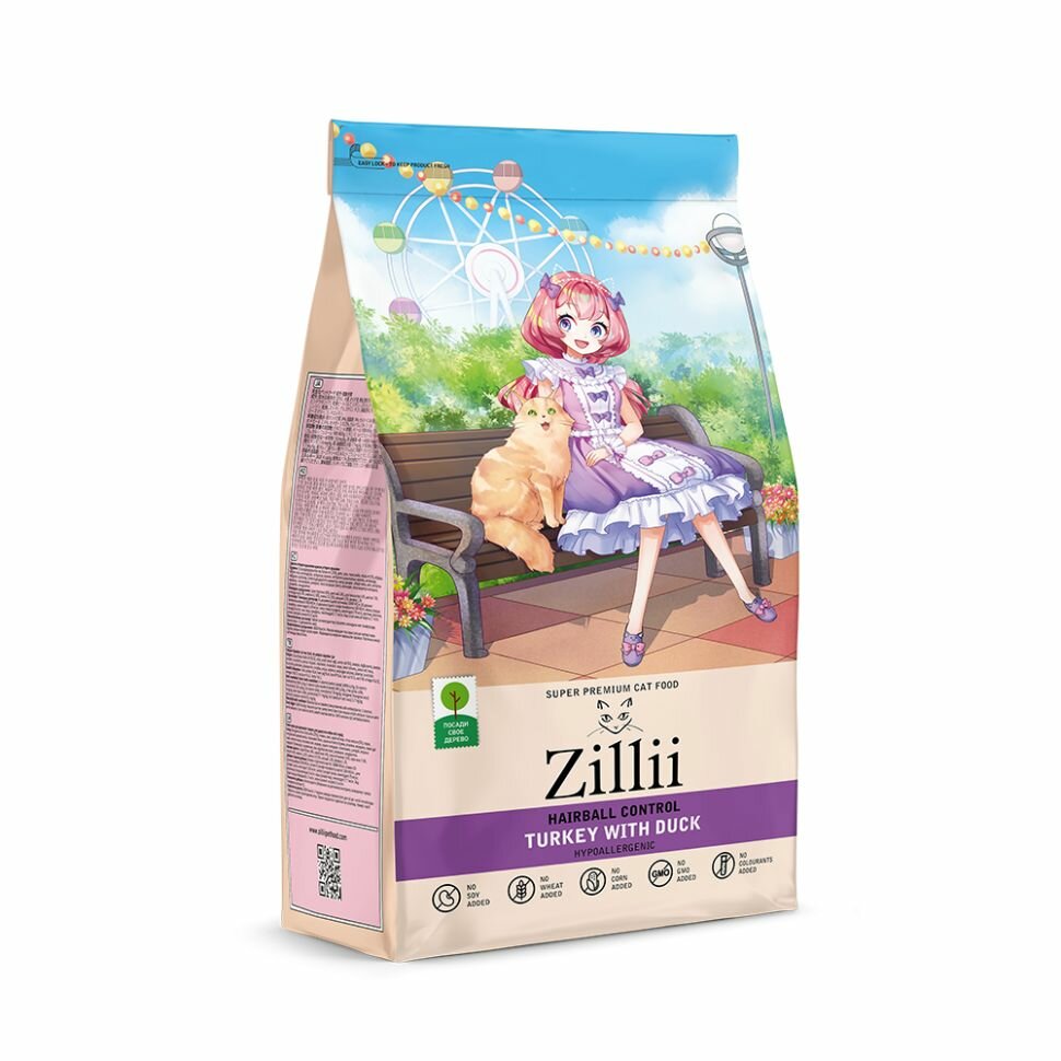Zillii Hairball Control Для взрослых кошек, контроль образования комочков шерсти в желудке, Индейка и Утка 10 кг