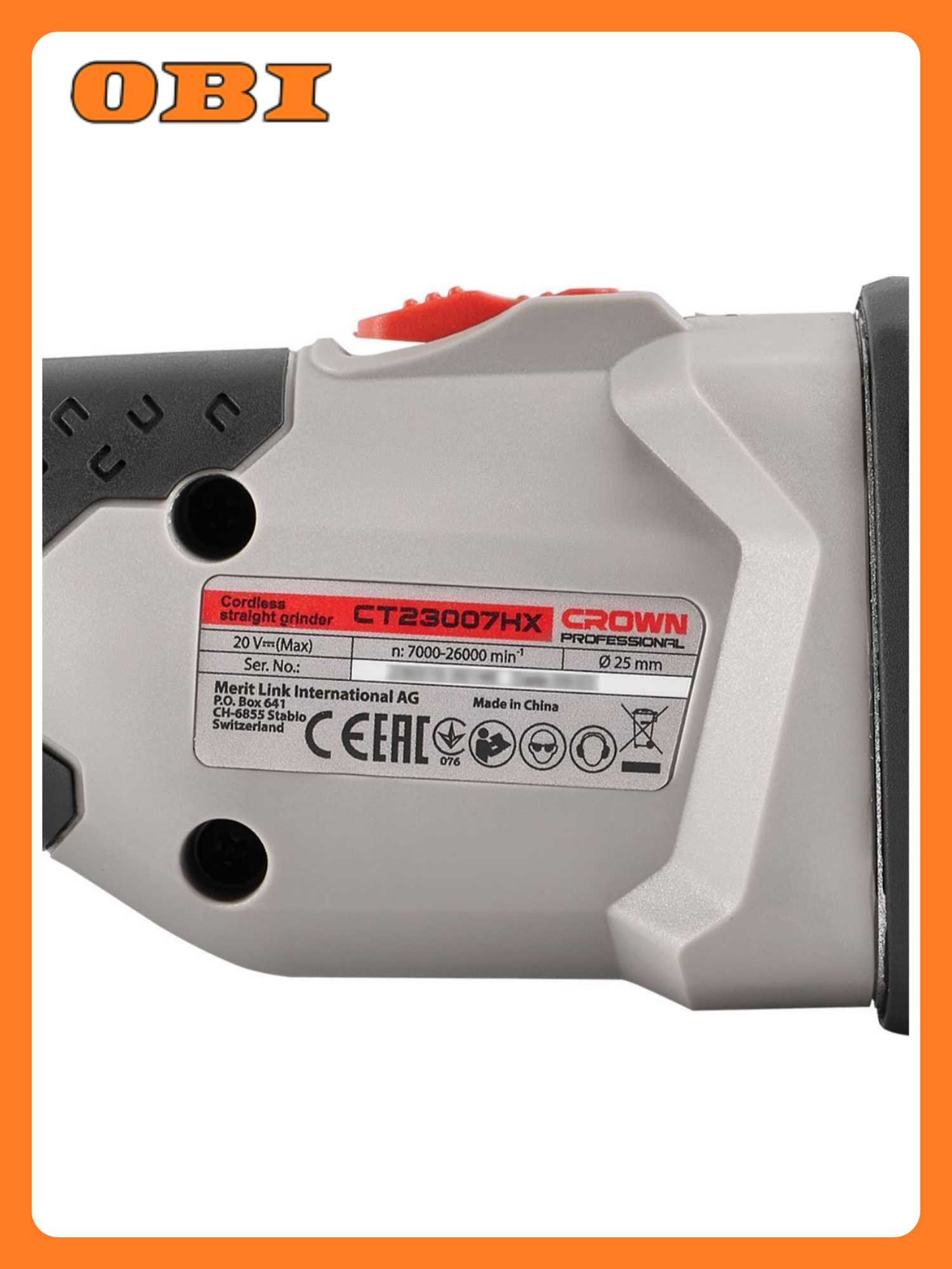 Шлифмашина прямая аккумуляторная CROWN CT23007HX 20В без АКБ и ЗУ