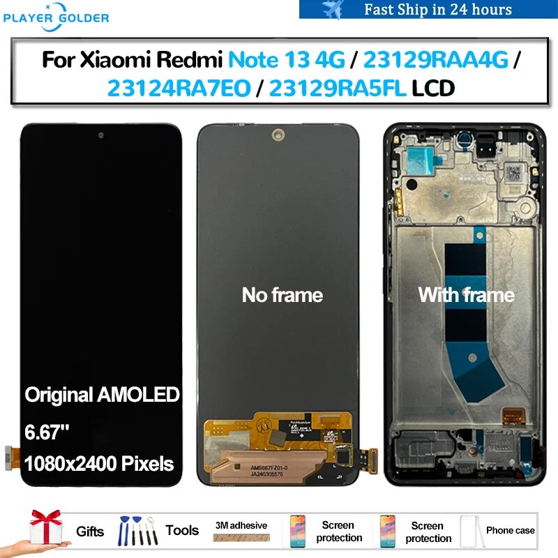 Оригинальный AMOLED для Xiaomi Redmi Note 13 4G 23129RAA4G 23124RA7EO Pantalla, ЖК-дисплей, сенсорная панель, дигитайзер экрана в сборе Black with frame