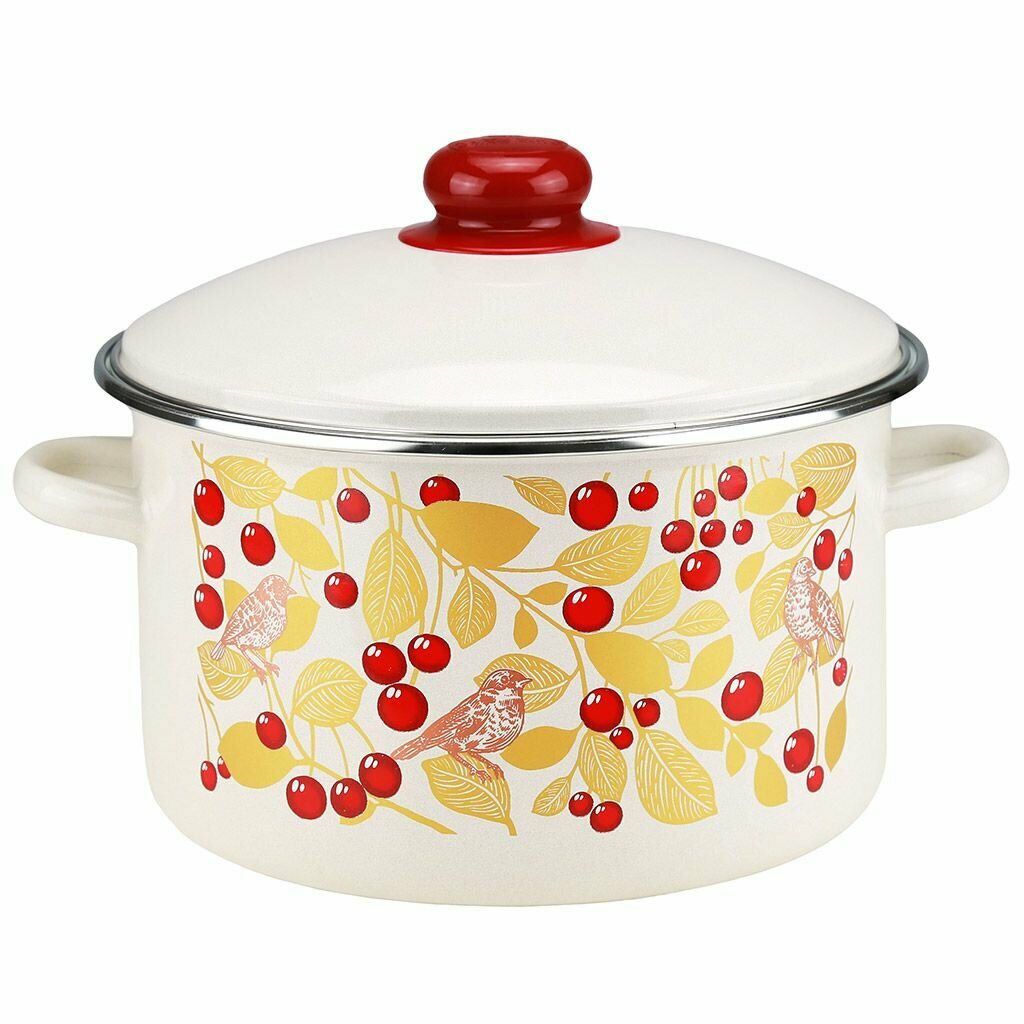 Кастрюля Лысьвенские эмали "Птички и вишня", эмалированная, 4 л, цилиндрическая форма, металлическая крышка, ободок из нержавеющей стали, бисквит (33-Б1614/4)