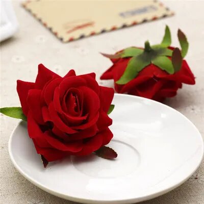 Искусственные розы бархатные красные, 5 см, Цвет: 3