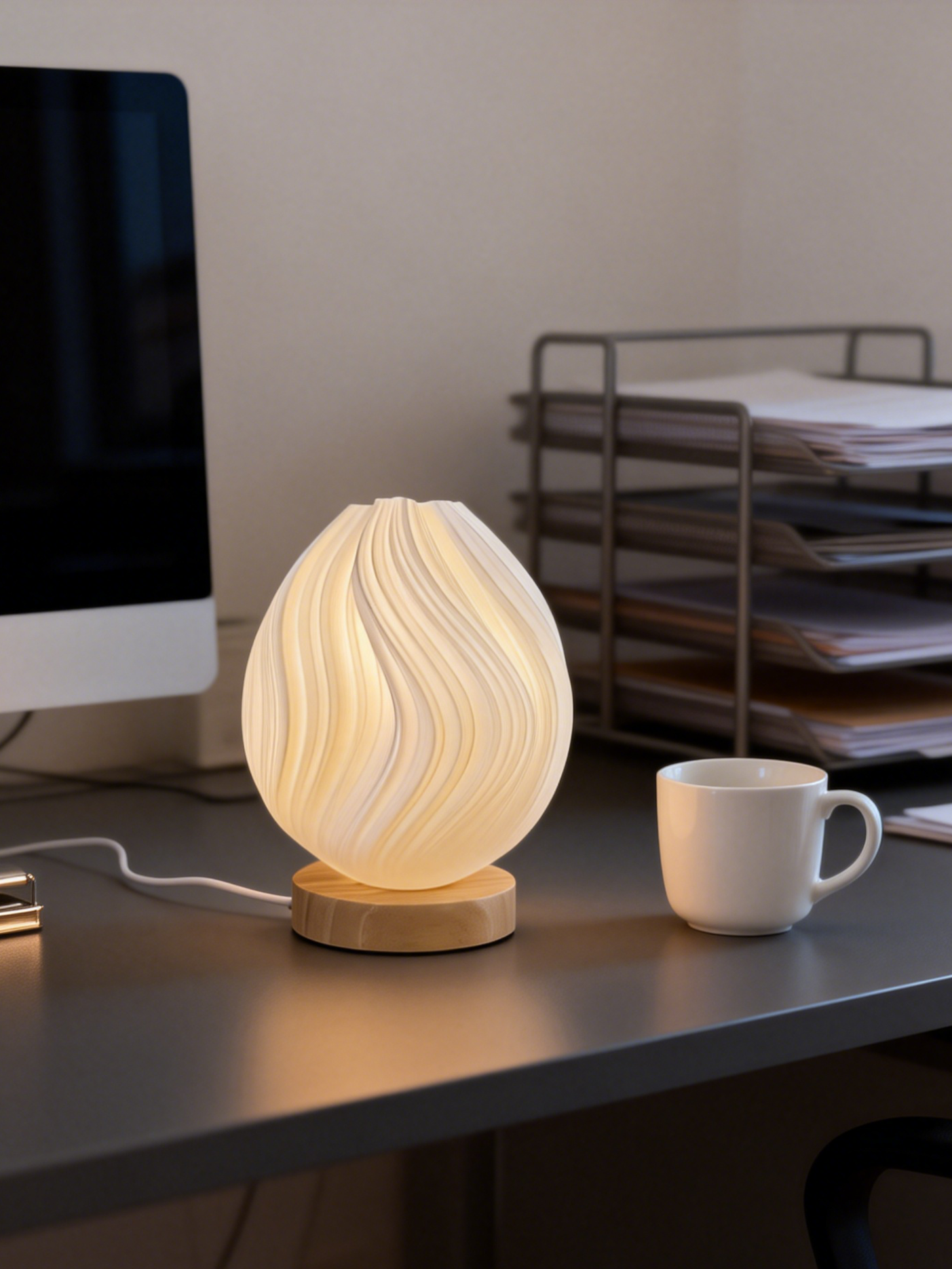 3D-лампа в форме звездной волны | Питание от USB | Экологичный композитный материал ABS PLA | Деревянная подставка