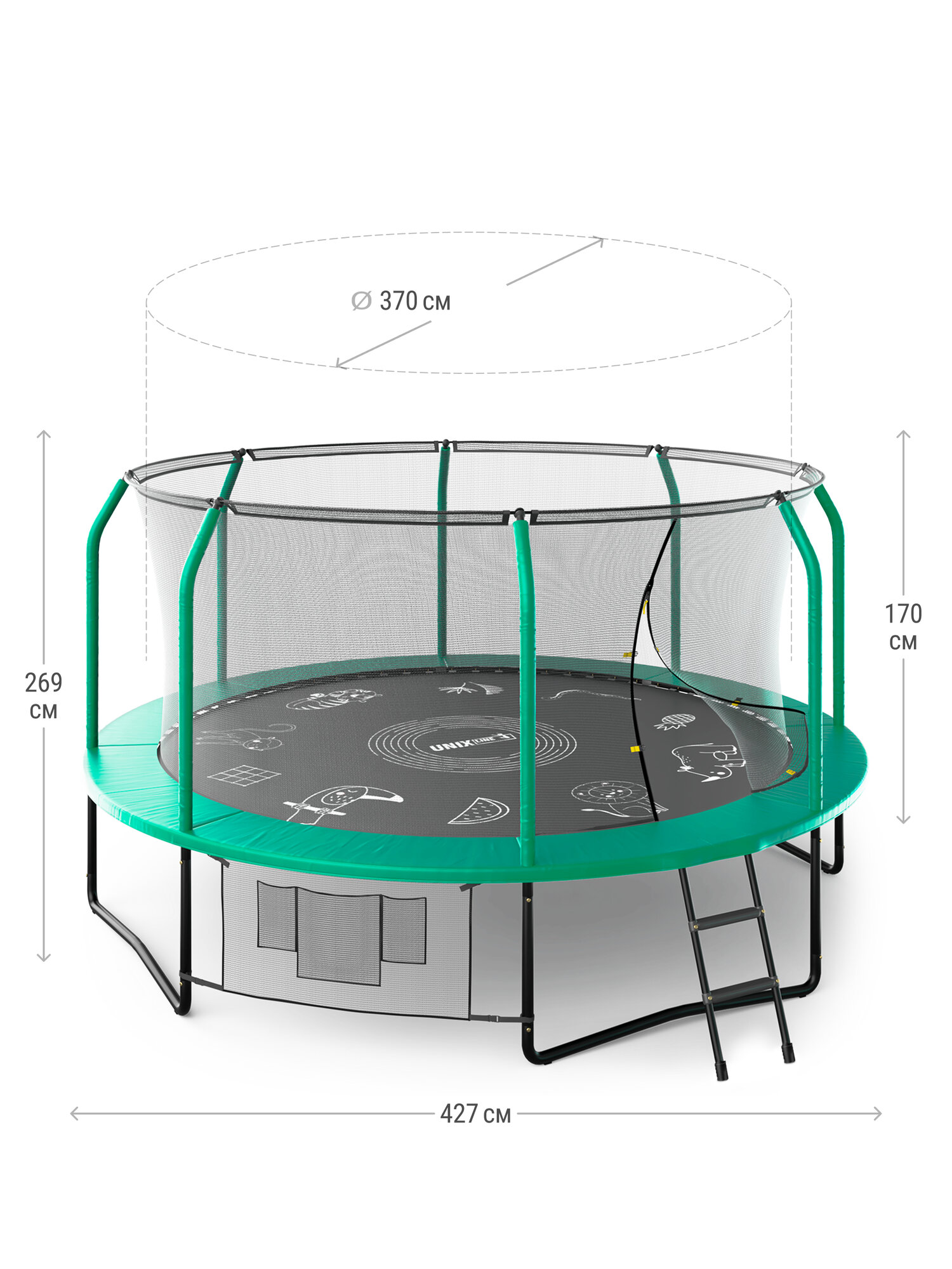 Батут UNIX Line SUPREME GAME 14 ft с защитной сеткой, 247 см, зеленый