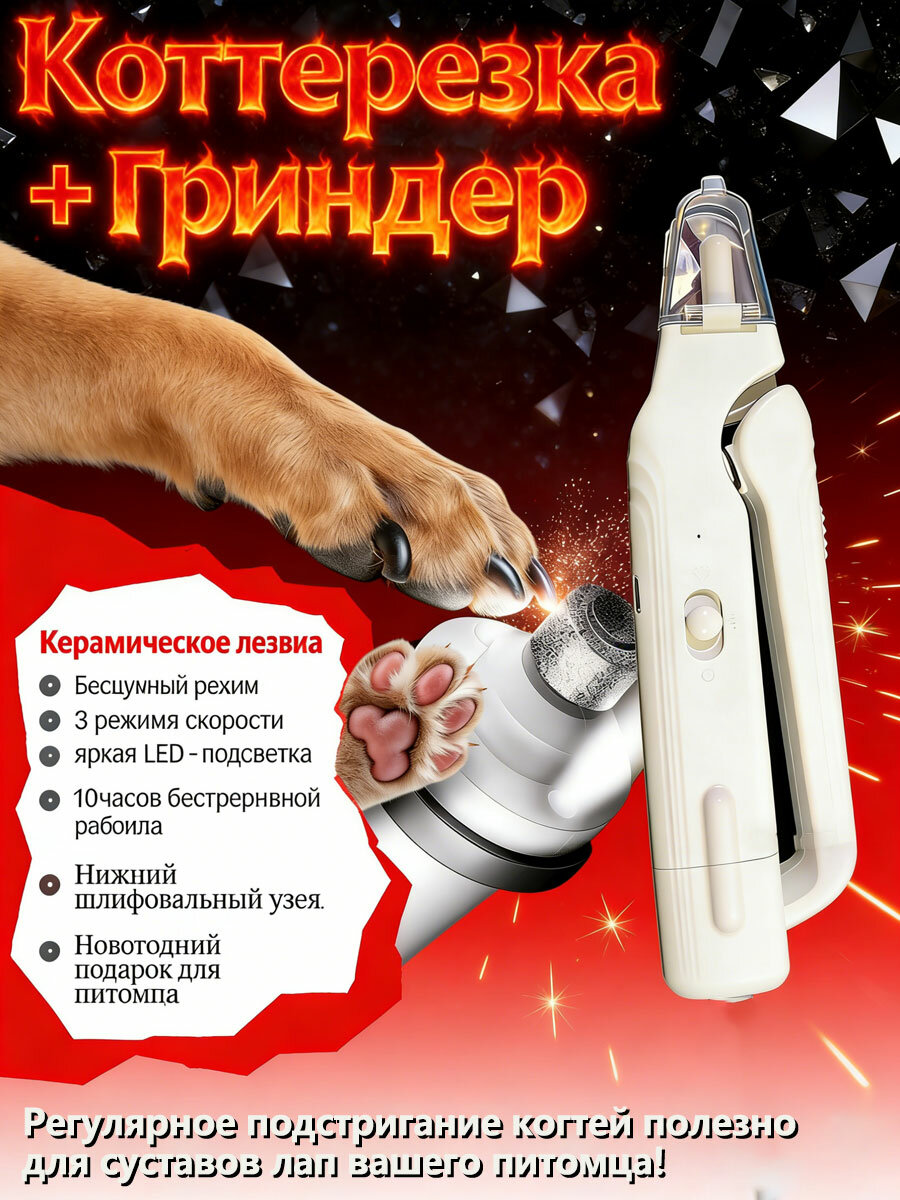 Когтерезка электрическая Гриндер для стрижки когтей животных, кошек и собак крупных, мелких пород, с ограничителем