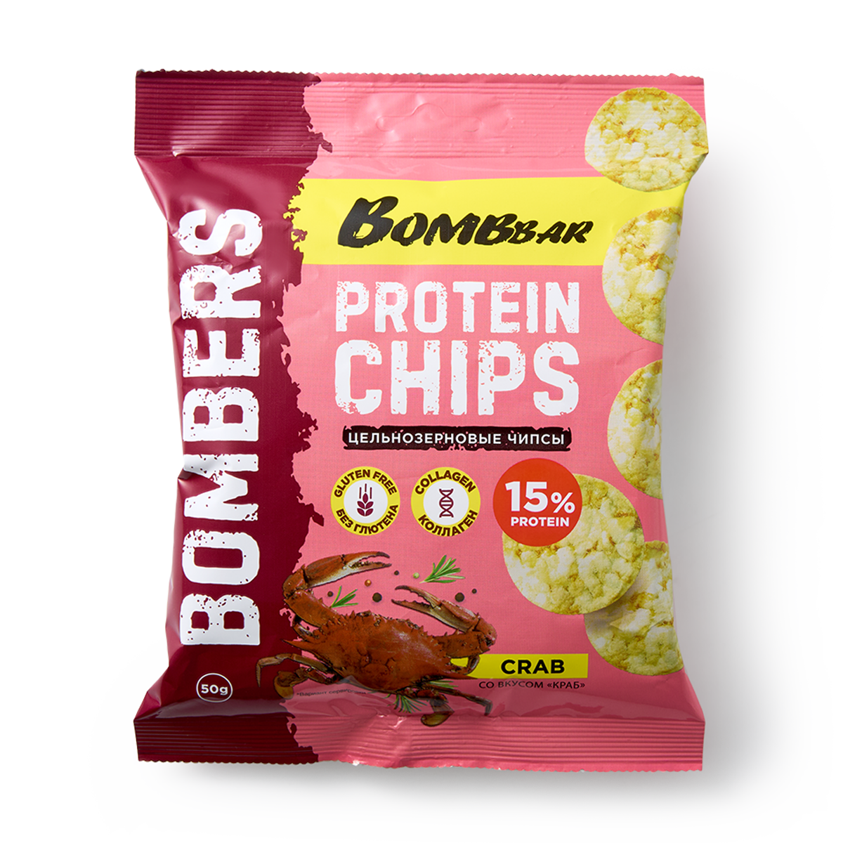 Чипсы Bombbar "Краб", протеиновые, цельнозерновые, без глютена, 50 г