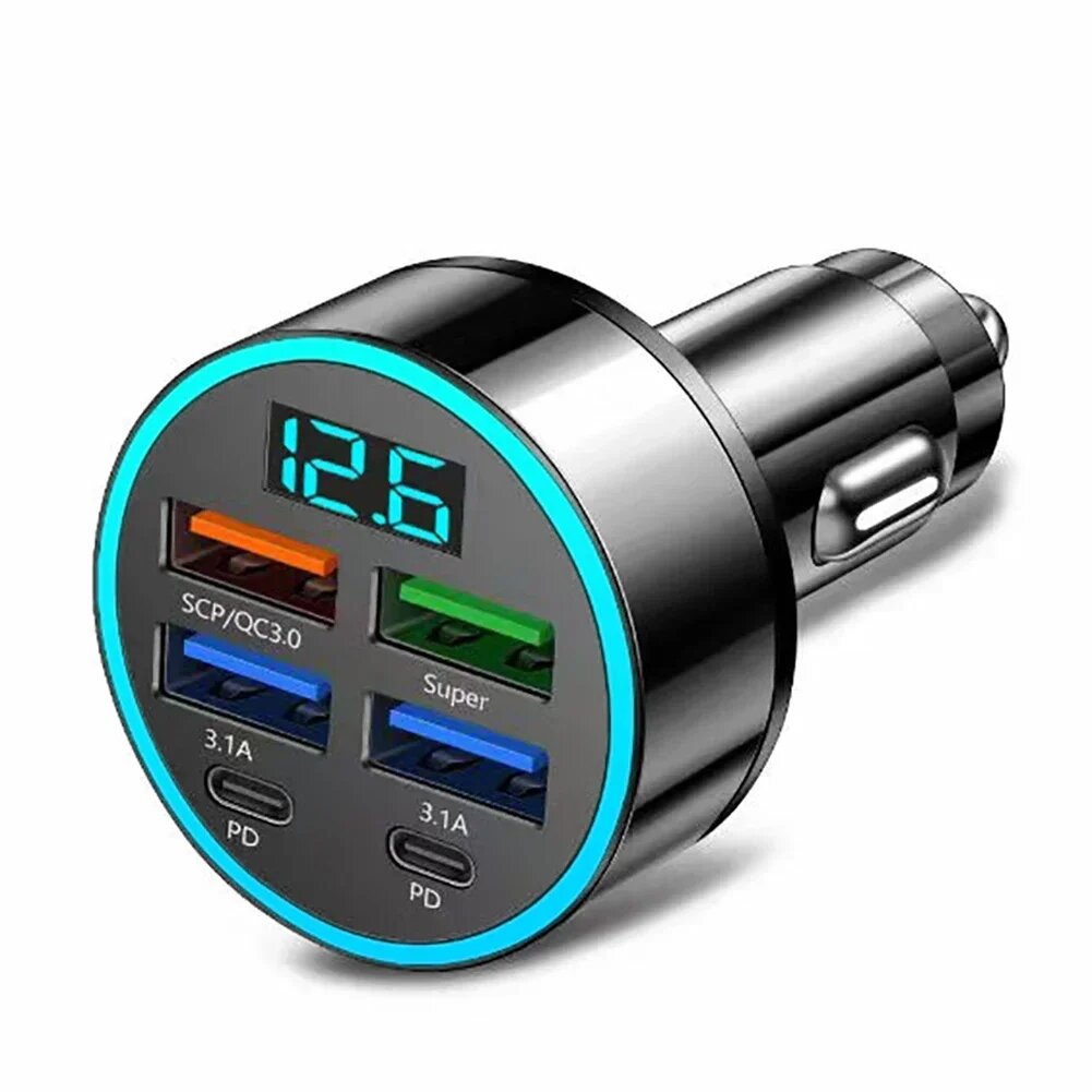 Автомобильное зарядное устройство 5 Port USB Type-C PD QC3.1 с дисплеем 12.6V, C9 6Port