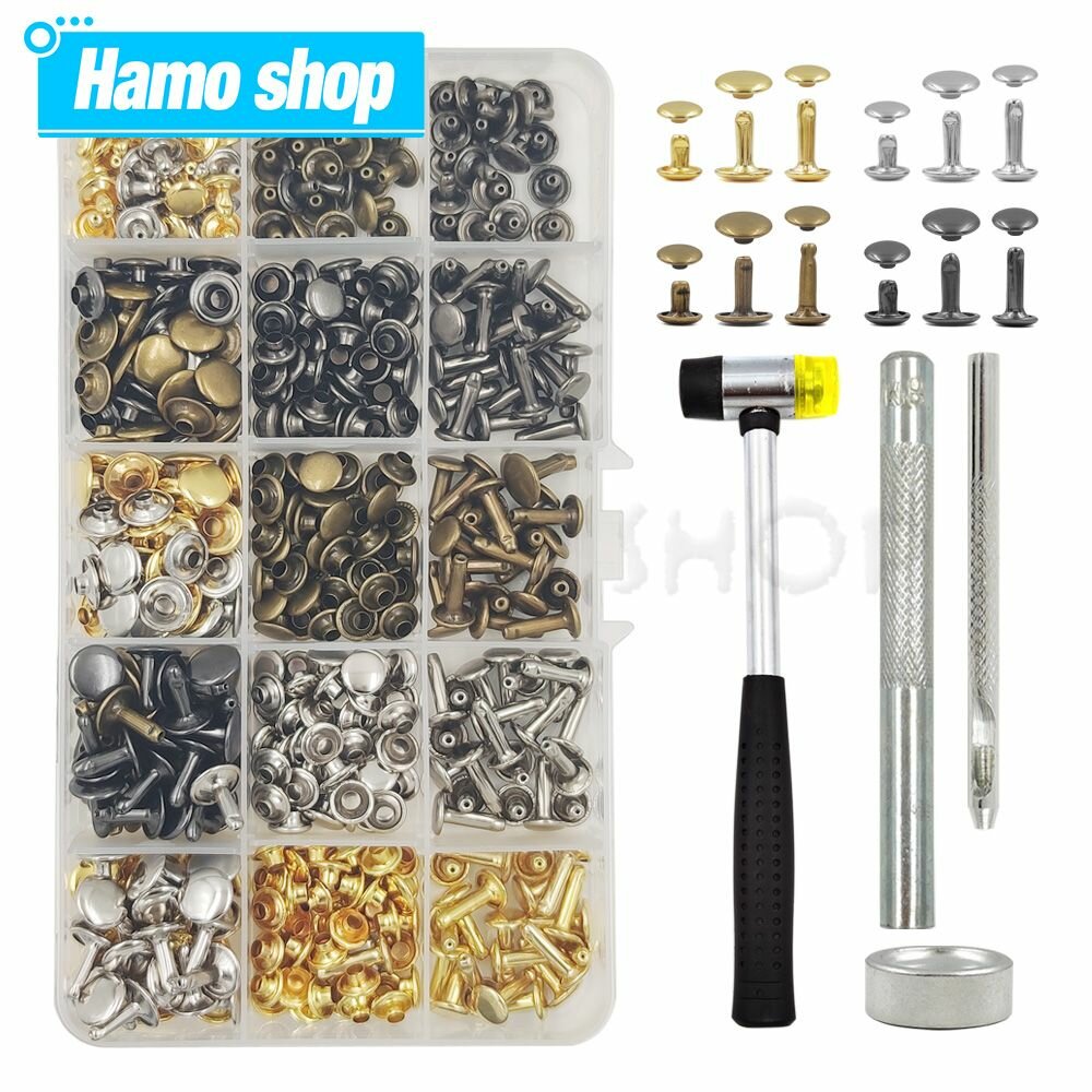 Хольнитены двухсторонние набор 240/360 комплектов, с инструментом и молотком, заклепки для кожи, сумок, обуви и одежды, железо, размеры 8x6 10x10 8x12 мм, 4 цвета