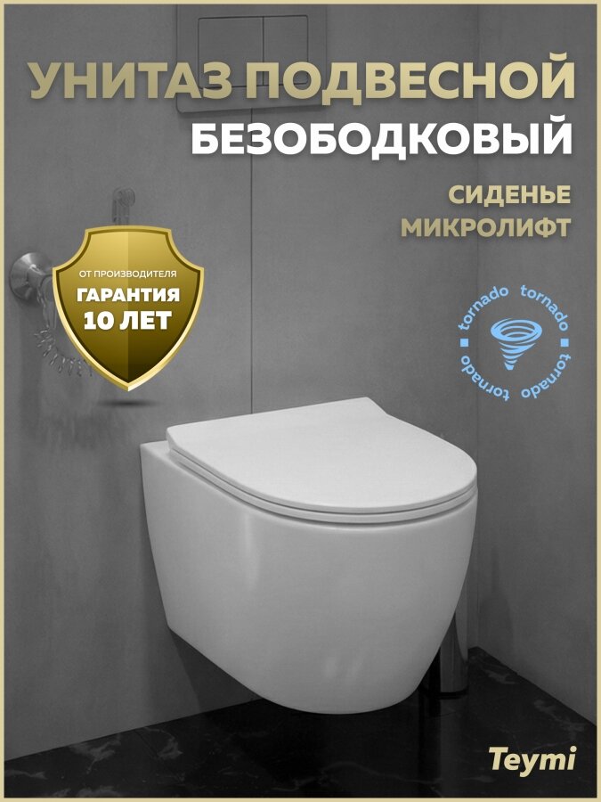 Унитаз подвесной торнадо безободковый с быстросъемным сиденьем микролифт Teymi Lina PP Vortex T40118