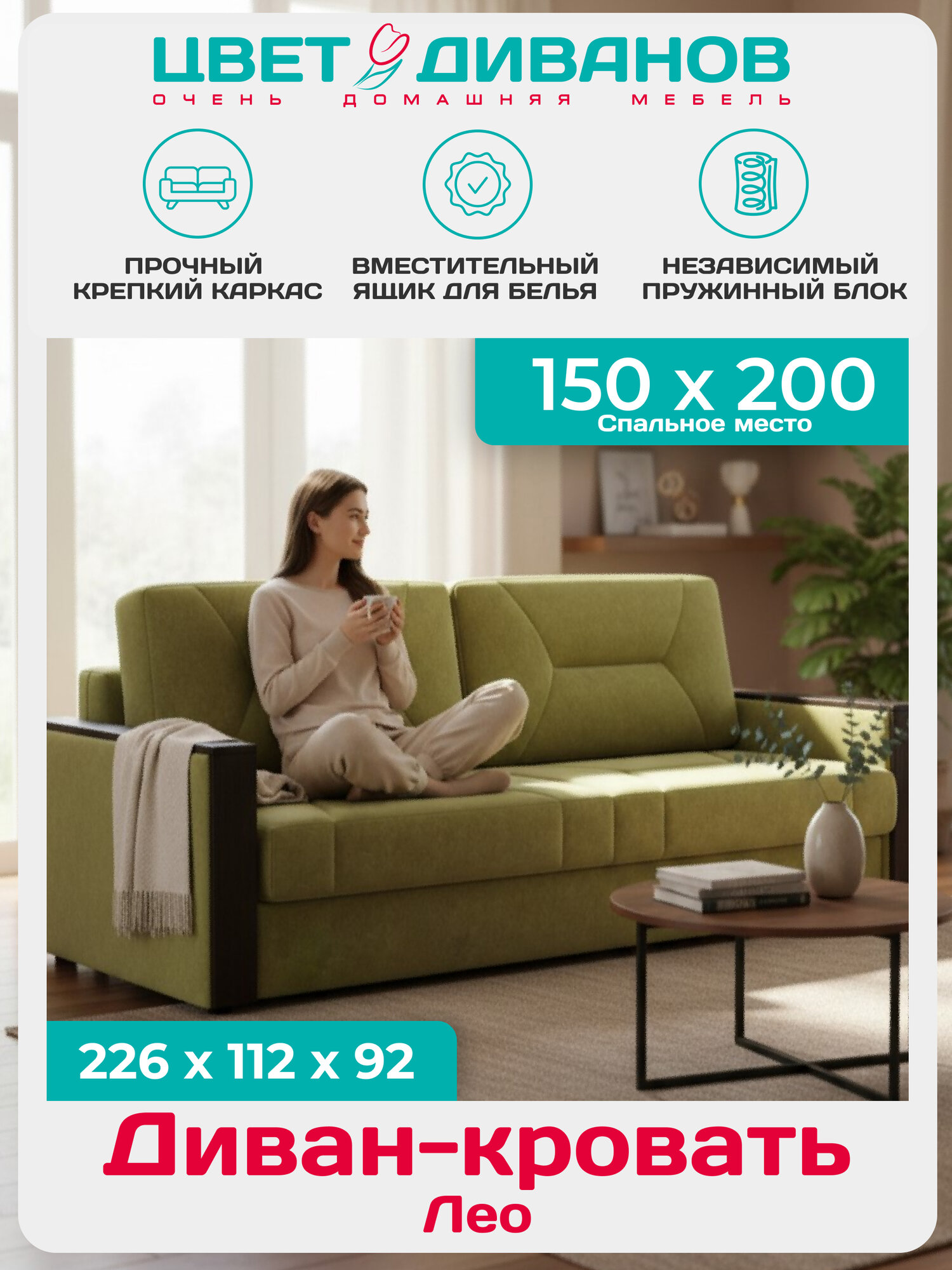 Раскладной диван-кровать прямой двуспальный в гостиную, еврокнижка Лео с ортопедическим матрасом, Цвет Диванов