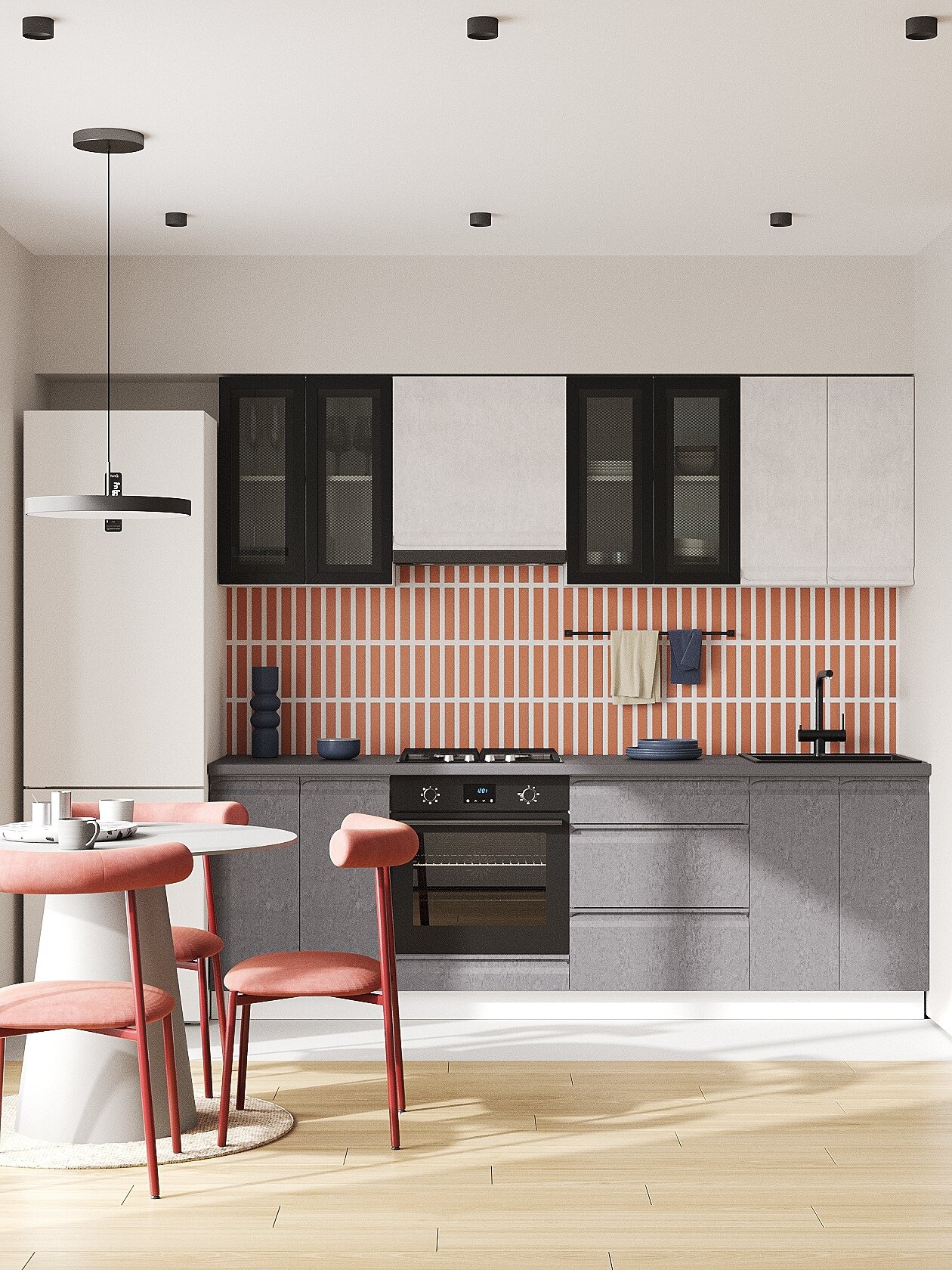 Кухонный гарнитур Велюр 240 см, мебель для дома и кухни, Белый / Бетон снежный / Черный, стекло / Бетон графит