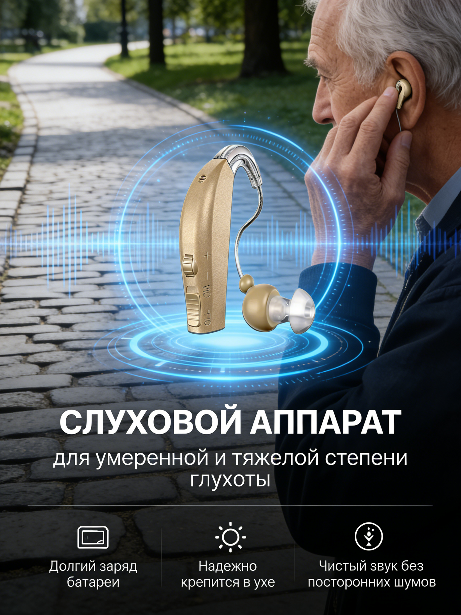 Накладной слуховой прибор с зарядным устройством для пожилых и взрослых