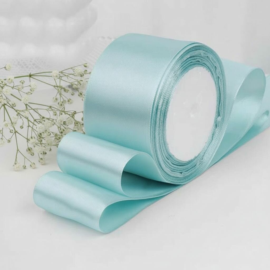 Лента атласная. Ширина 4 см, длина 22 метра. Цвет голубой 1 шт