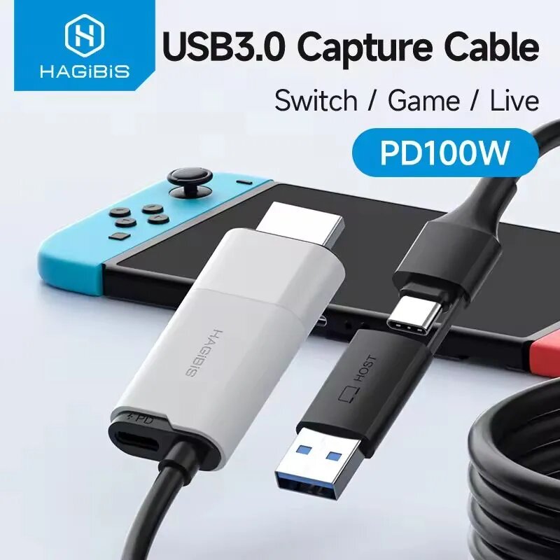 Карта видеозахвата Hagibis USB 3.0, кабель захвата HDMI to USB-A/Type-C PD 100 Вт для игрового устройства потоковой передачи Quest 3 Switch