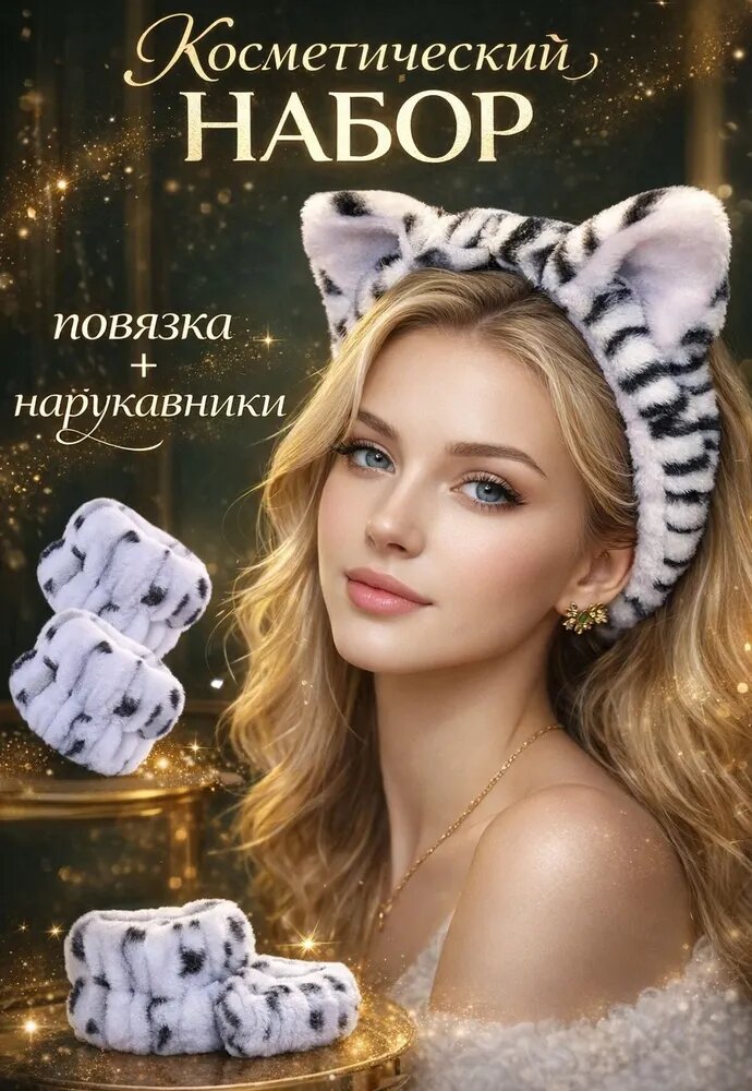 Косметическая повязка на голову с ушками кошки, мягкая, для умывания