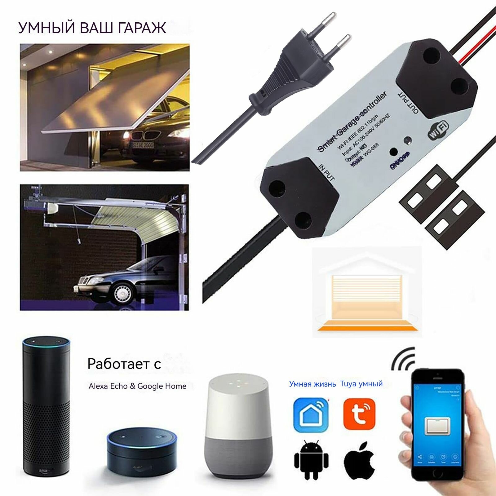 Умный WiFi выключатель для гаражных ворот | Совместим с Tuya, Alexa, Google Home, SmartLife, без хаба