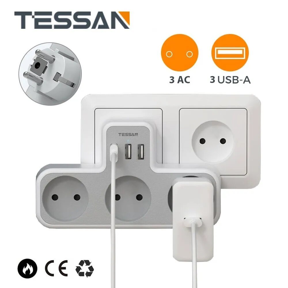 Тройник для розетки, TESSAN с 3 розетками, 3 USB-портами, серый