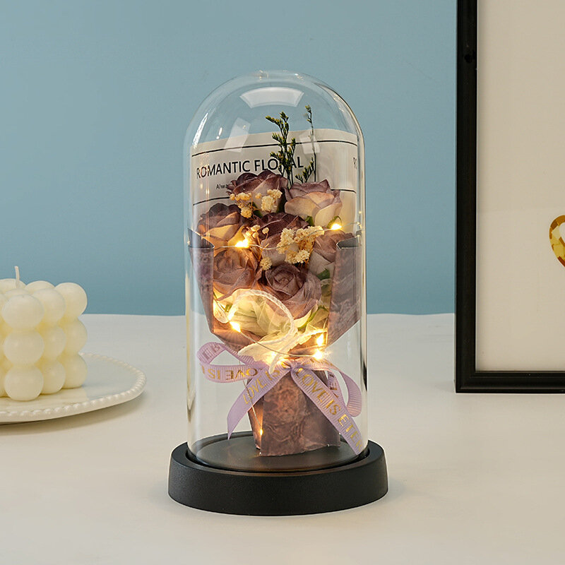 Букет вечных роз в стеклянном куполе, ночник, украшение, сухоцветы, гипсофила, подарок на День святого Валентина для девушки