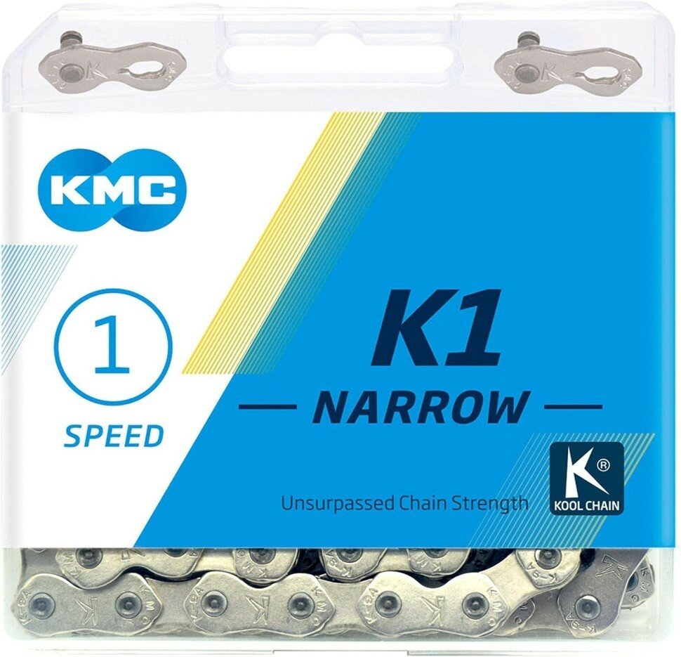 Цепь велосипедная KMC K1 Narrow (узкая) Silver, для 1-ск. велосипедов, BMX, фиксов, 100 звеньев, 1/2"x3/32", серебристая