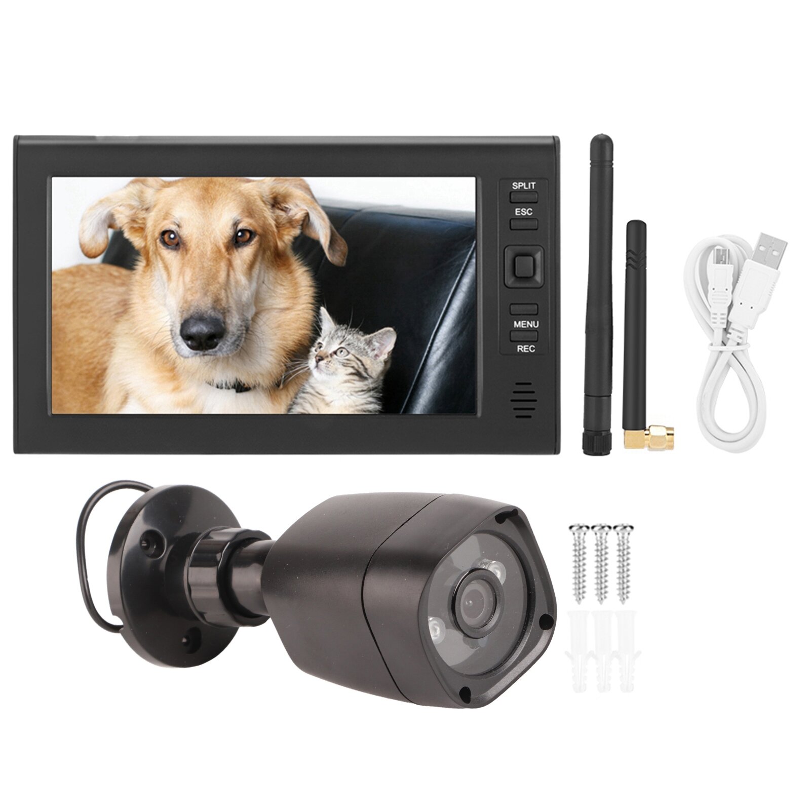 7-дюймовый ЖК-дисплей, беспроводная система видеонаблюдения Wi-Fi, 4 канала, дисплей + камера, 1 ИК-камера, карта памяти.