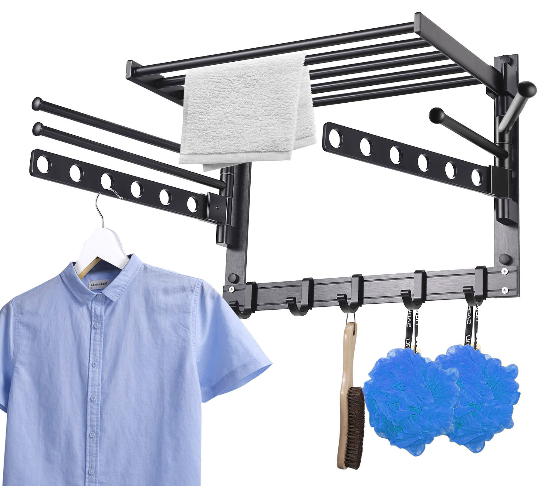 Сетка для сушки белья с 6 подвижными плечами, настенная сетка для сушки белья, 2 поворотных бруса с 6 отверстиями и 5 крюками, складной органайзер для прачечной, экономитель места, алюминий (черный, 15.8 дюймов)