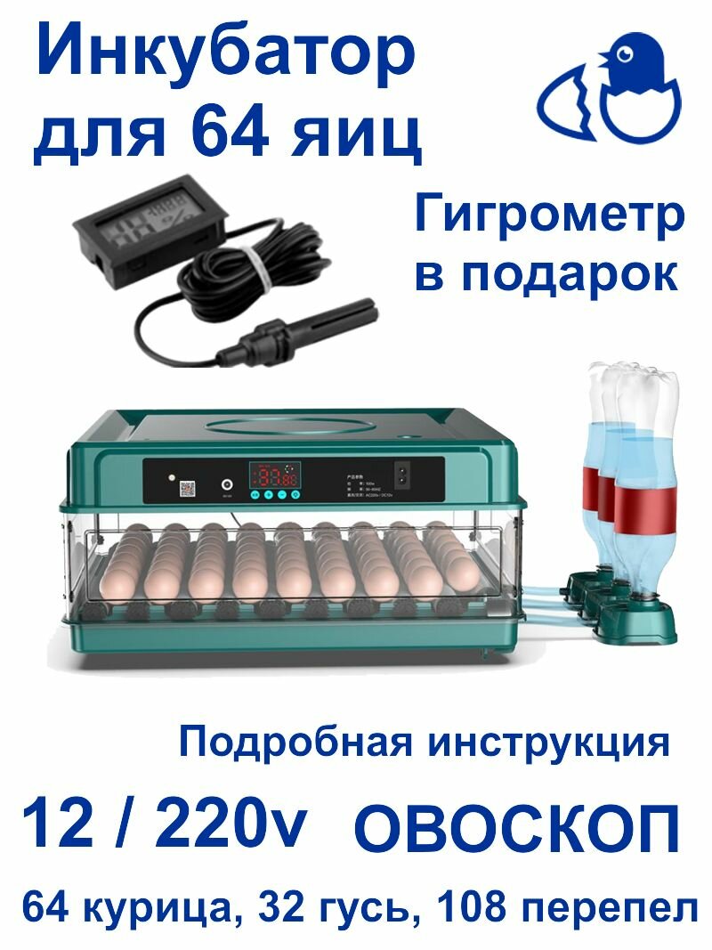 Инкубатор для 64 яиц автоматический 220/12v IG-65 (вентилятор, овоскоп, автодолив)