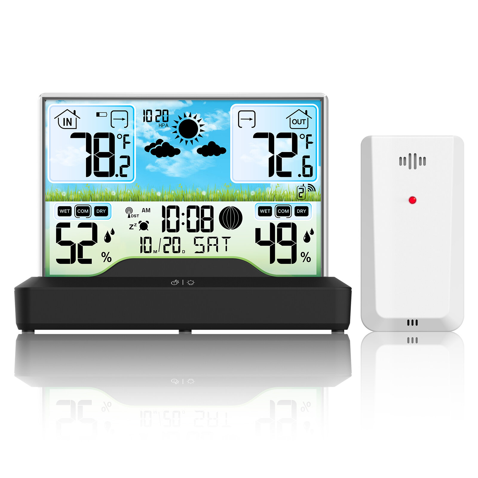 Погодная станция для дома со будильником - Большой экран HD Монитор температуры и влажности в помещении и на улице с прогнозом погоды на 12-24 часа Сенсор на улице с водонепроницаемостью IP44 3-ступенчатая подсветка