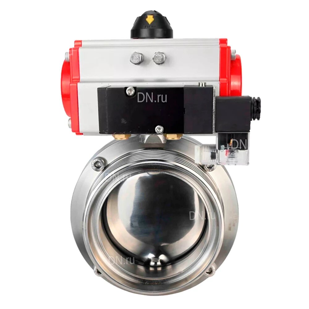 Затвор дисковый поворотный DN.ru 304-304-Sil-2W-T-H Ду80 Ру10 резьбовой, пищевая нержавеющая сталь 304, уплотнение – Silicon, с пневмоприводом DN.ru DA-052 и пневмораспределителем DN.ru PND2-S1EM-52-1NC-J08-220VAC