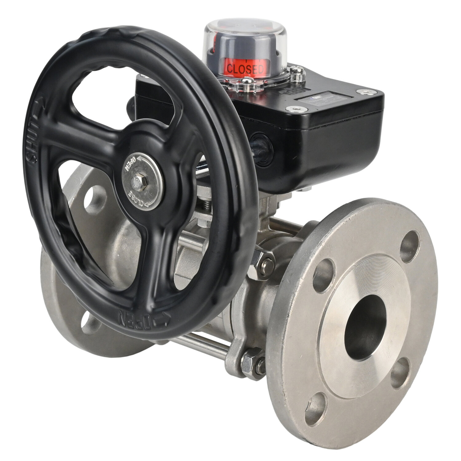 Кран шаровой DN.ru кшфпт-iso.304.180 Ду20 Ру40 трехсоставной из нержавеющей стали SS304, уплотнение - PTFE, фланцевый, полнопроходной с ISO-фланцем и редуктором DN. ru HGB-1 с индикатором положения