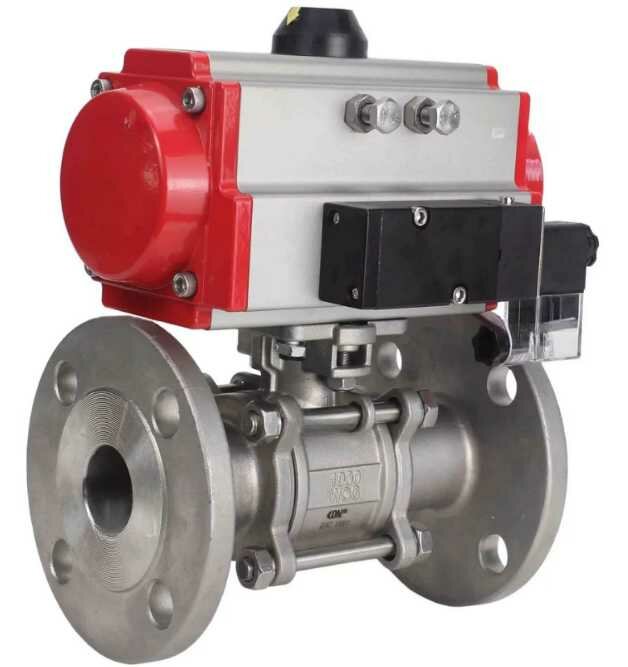 Кран шаровой DN.ru кшфпт 304.180 Ду50 Ру40 фланцевый, полнопроходной, трехсоставной, корпус - нержавеющая сталь 304, уплотнение - PTFE, с пневмоприводом DA-065 и пневмораспределителем PND2-S1EM-52-1NC-J08-220VAC (опрессовано)