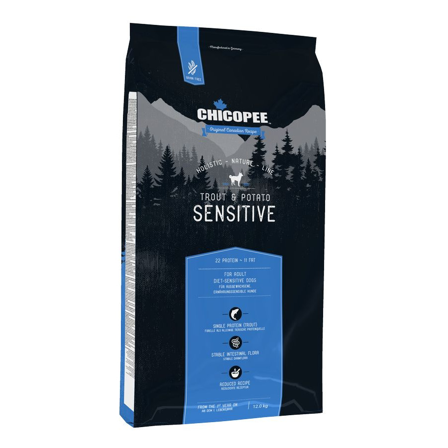 Сухой корм для взрослых собак с чувствительным пищеварением Chicopee HNL Sensitive, с форелью и картофелем 12 кг