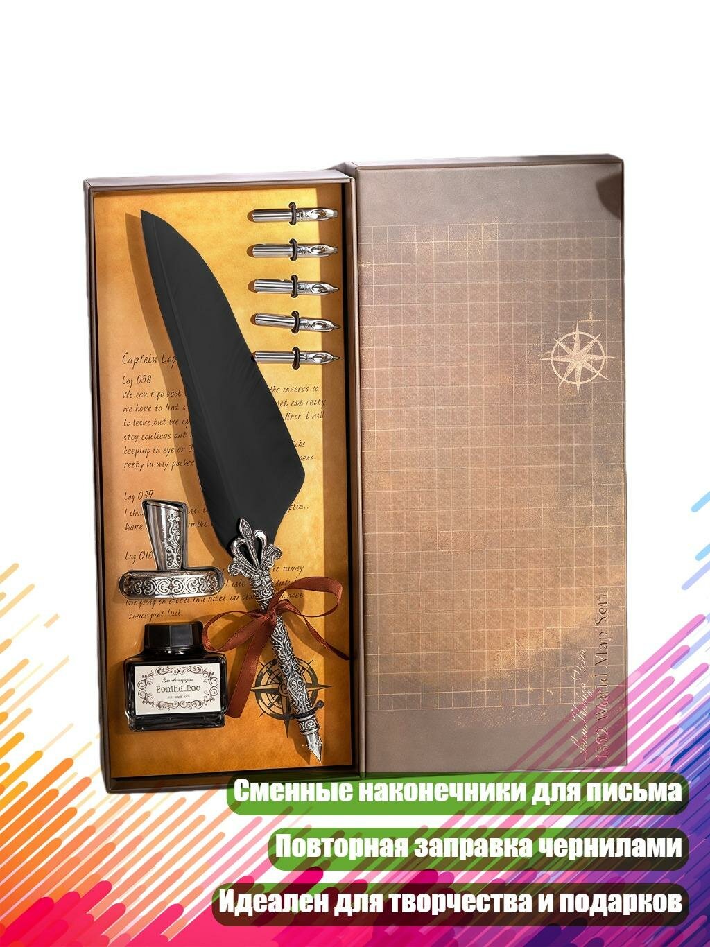 Ретро-перо с разными наконечниками и заправкой для письма, Черный