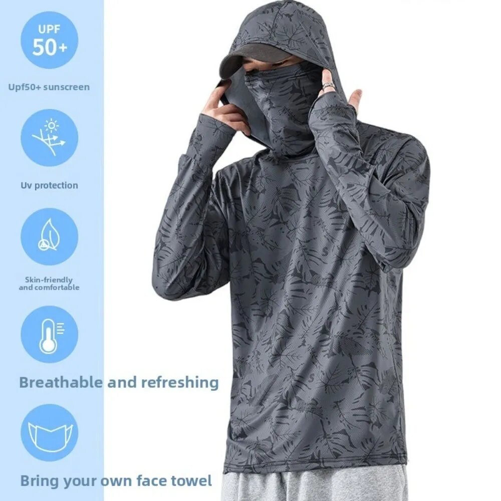 Рубашка с капюшоном для рыбалки, летняя маска, легкий материал, уличная толстовка с капюшоном, тканевый солнцезащитный трикотаж