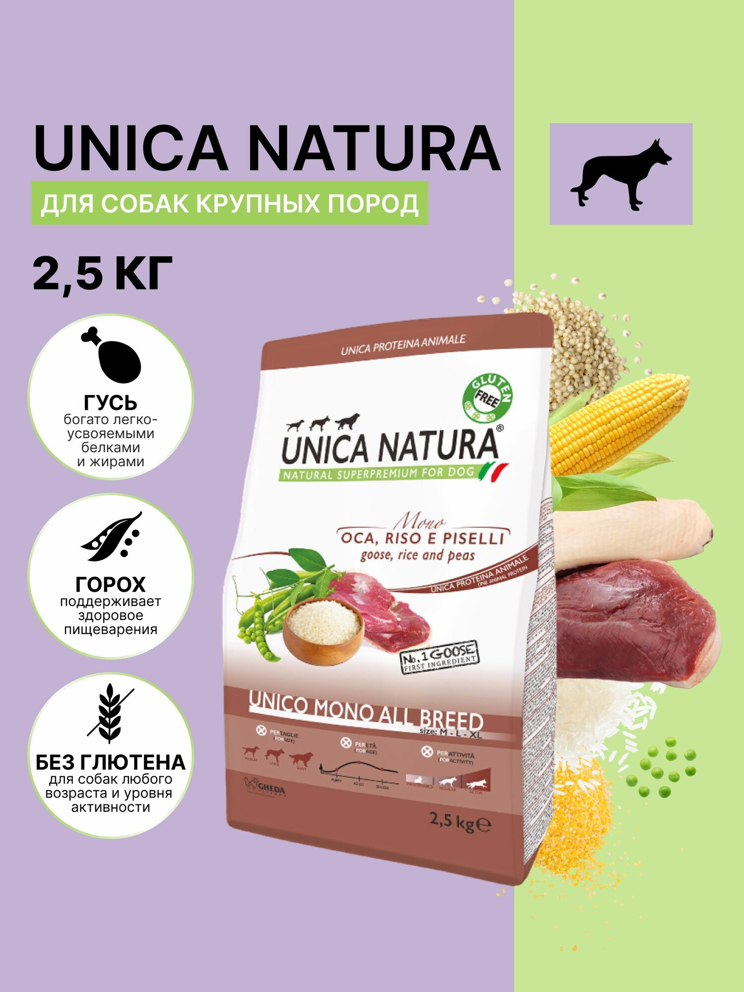 Natura Mono All Breed Сухой корм для собак всех пород, с гусем, 2,5 кг
