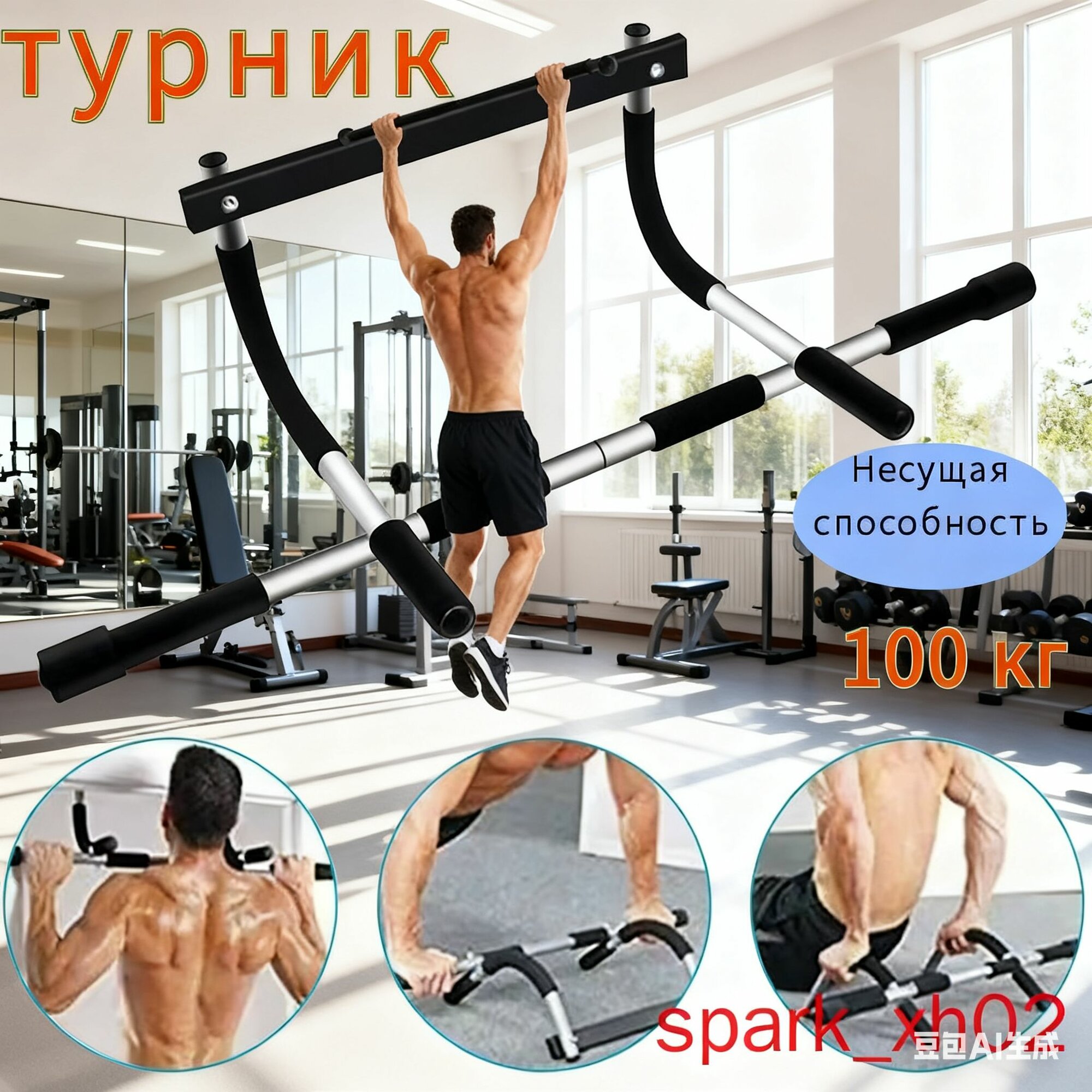 Турник, максимальный вес 100 кг, Нескользящее покрытие ручек, Возможность тренировки рук