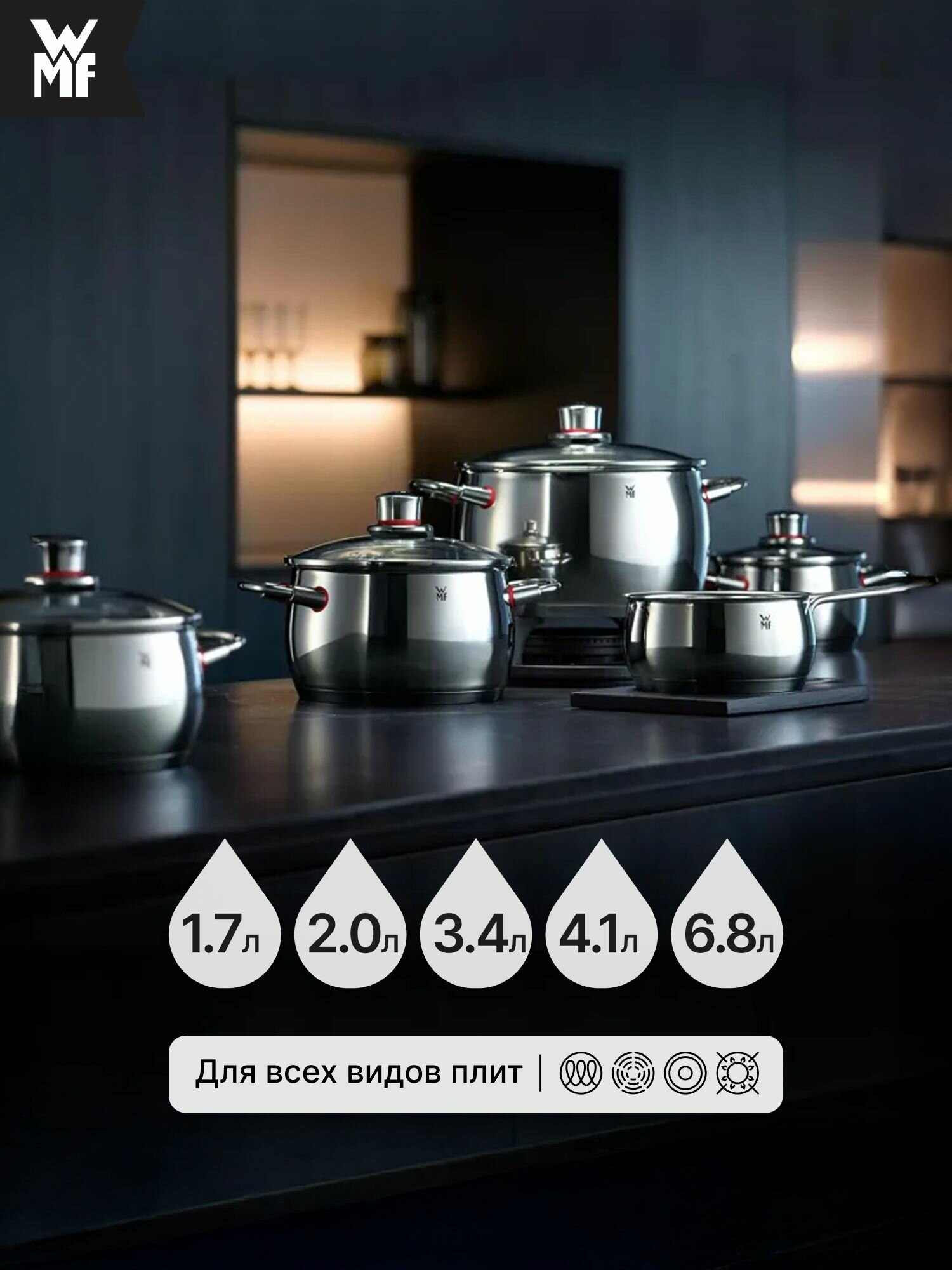 Набор кастрюль WMF Quality One 5 предметов, с крышками, для всех типов плит, 0774556380