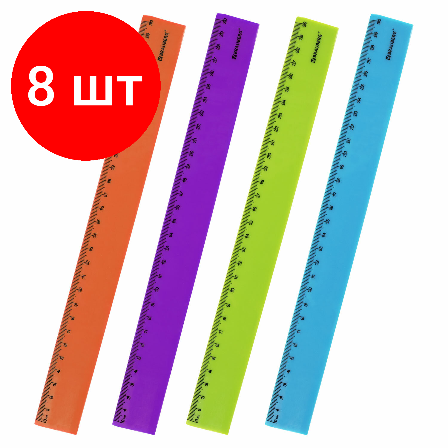 Комплект 8 шт, Линейка пластиковая 30 см BRAUBERG "NEON", непрозрачная, ассорти, 210751