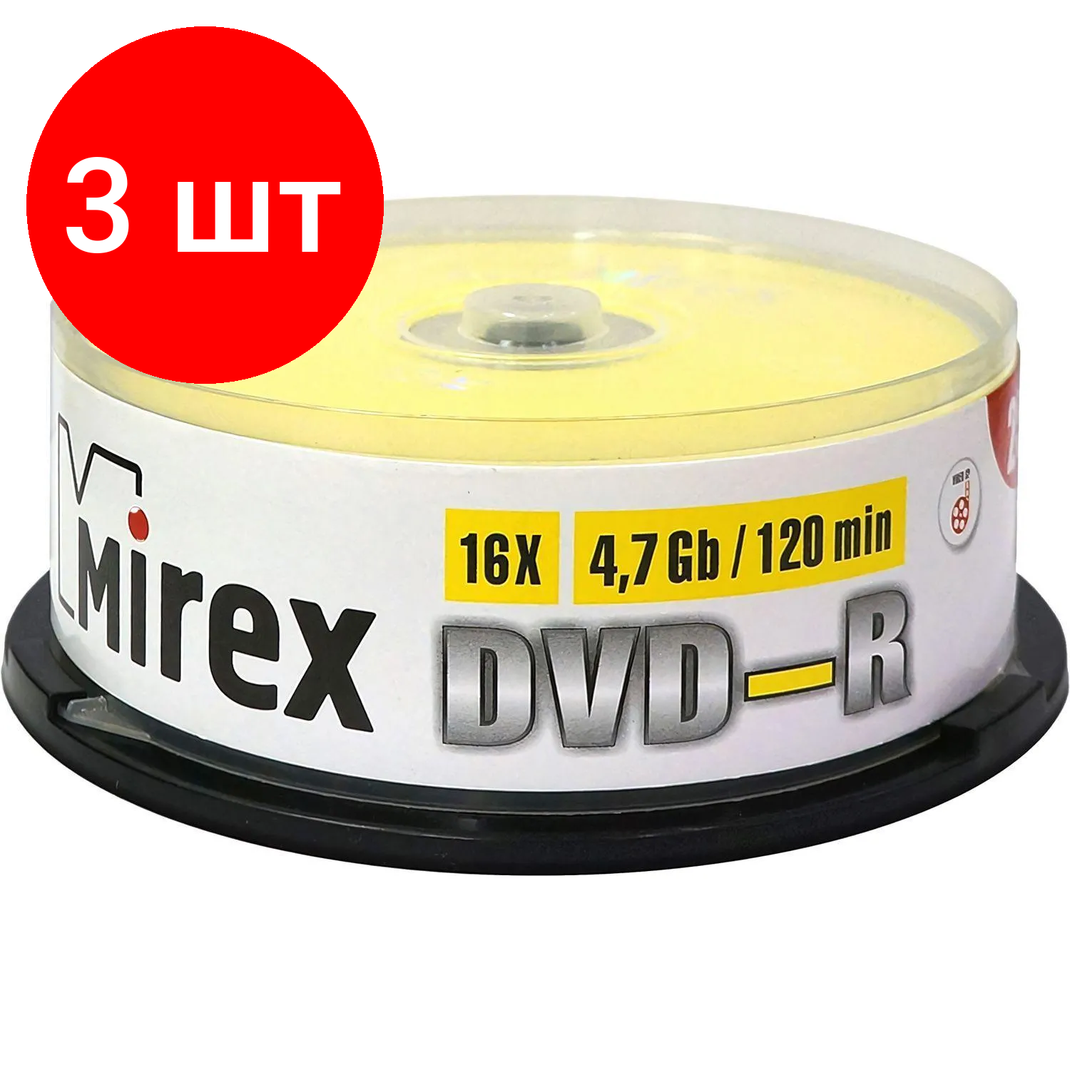 Комплект 3 упаковок, Носители информации DVD-R, 16x, Mirex, Cake/25, UL130003A1M