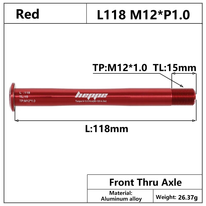 HEPPE Передняя сквозная ось для велосипеда, красная, L118 M12x1.0 TL15