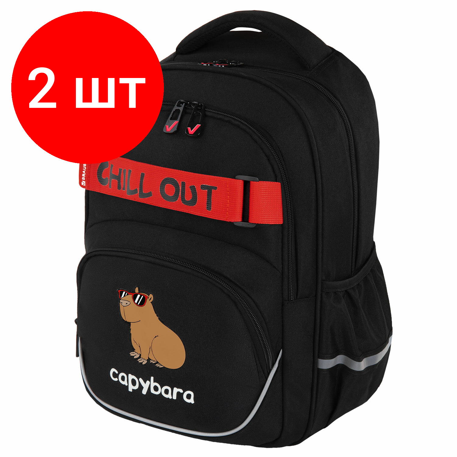 Комплект 2 шт, Рюкзак BRAUBERG MOTION, 2 отделения, 3 кармана, "Calm capy", светящийся, 41х28х17 см, 272032