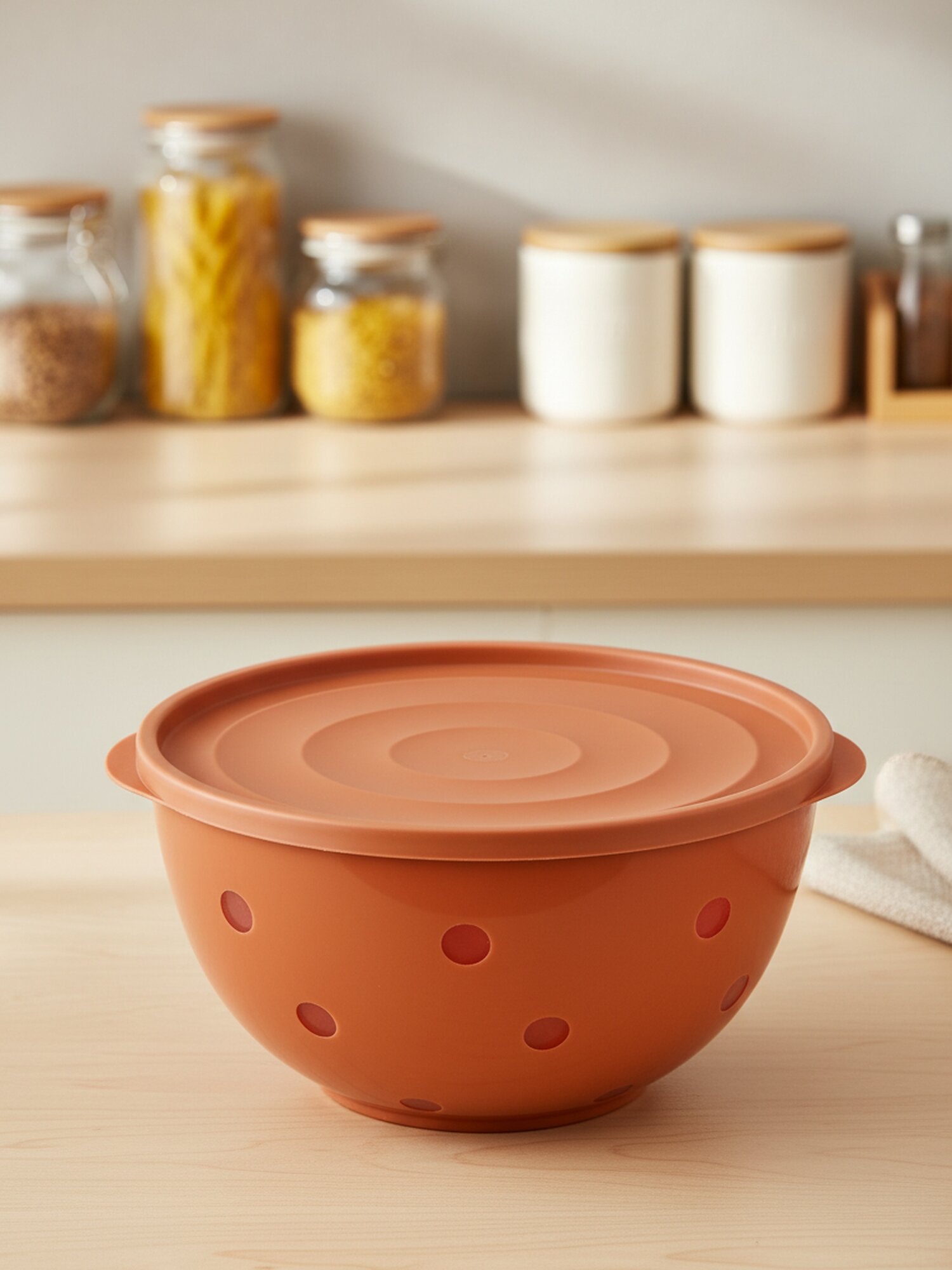 Салатник Berossi Оливье по госту с крышкой, пластиковый, 2 л, круглый, кирпичный, 20 см, для СВЧ и хранения.